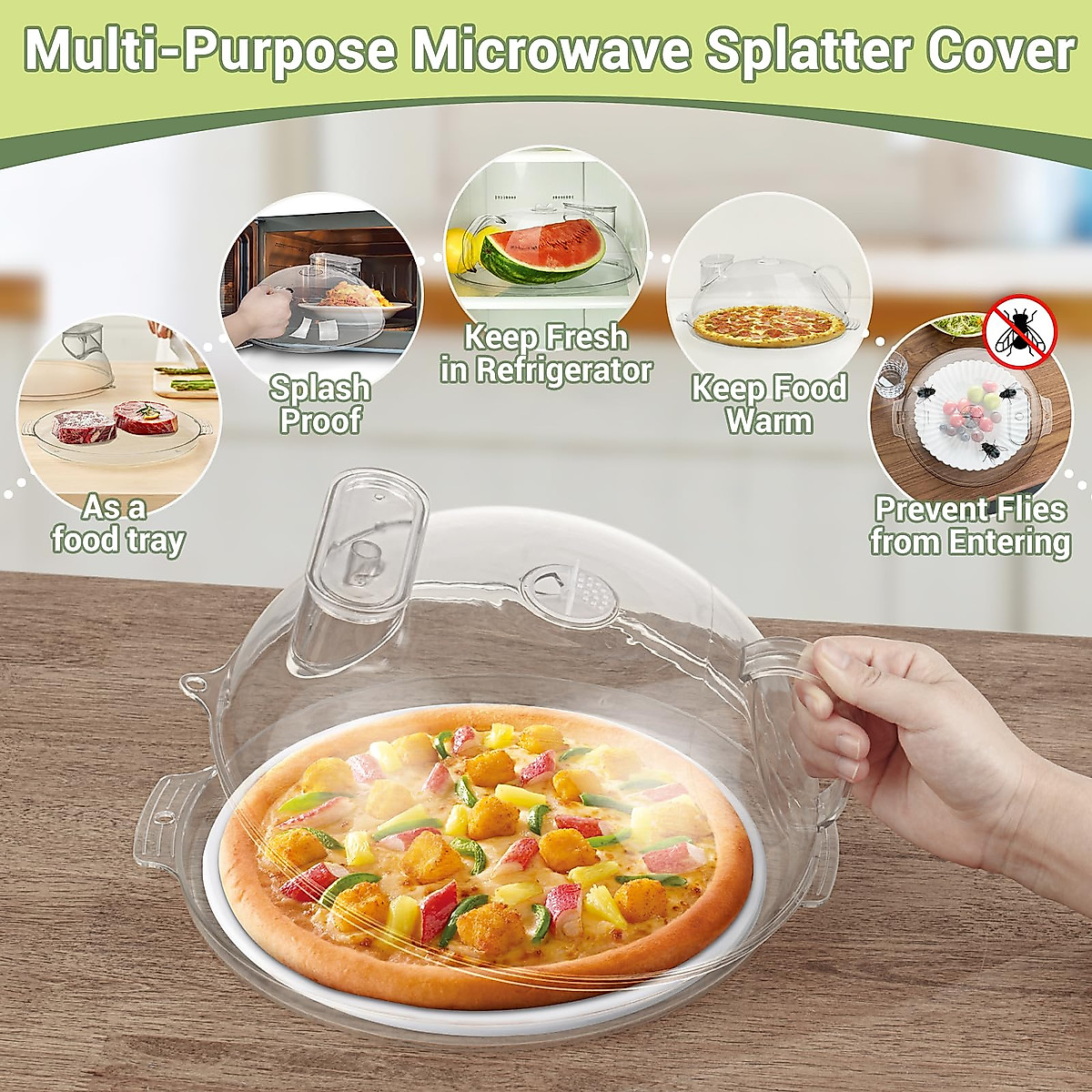 WENWELL Microwave Cover with Water Steamer & Tray,Food Protector for Splatter Guard,Dish Bowl Plate Serving Lid with Handle,BPA-Free,Clear Safe Plastic,10 Inchs
