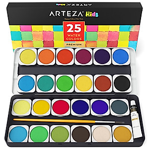 ARTEZA Watercolor Paint Set for Kids, 25 Water Colors, Watercolor Set Includes Paint Brush, Watercolor Supplies for Kids