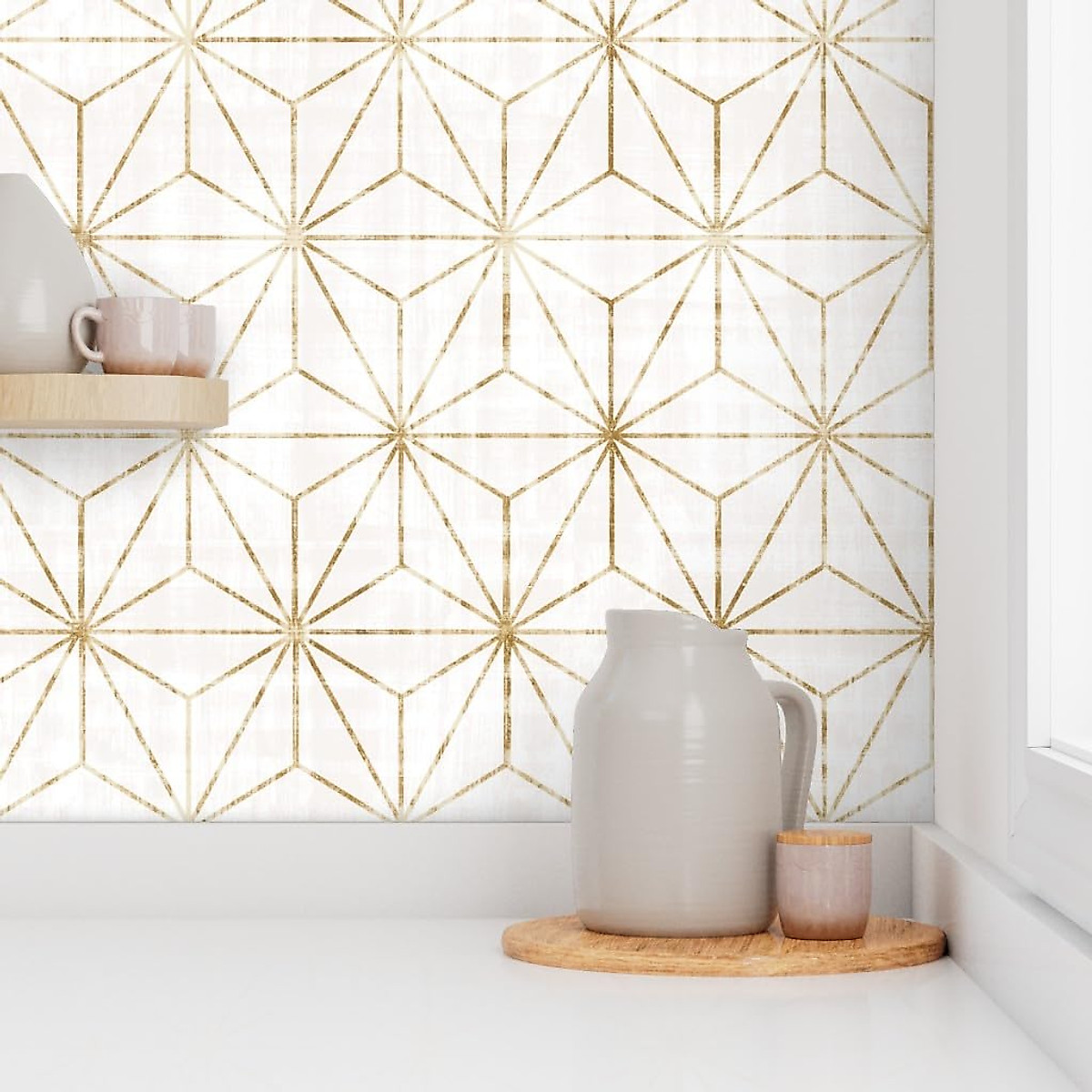 Peel & Stick Wallpaper 3ft x 2ft - Star Geo White Gold Geometric Triangles Holiday Abstract Minimalistic Custom Removable Wallpaper by Spoonflower