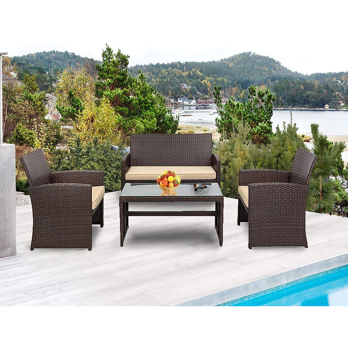 FDW Outdoor Patio Furniture Sets,4 Pieces Rattan Chair Sets Wicker Conversation Sets Lawn Chairs Porch Poolside Balcony Garden Outdoor Furniture,Brown