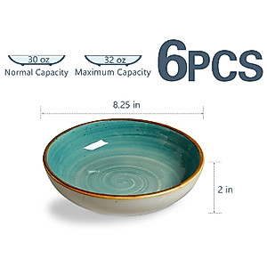ONEMORE 30 oz Pasta Bowls and 8.5 inch Salad Plates Bundle - Microwave, Oven and Dishwasher Safe - Teal
