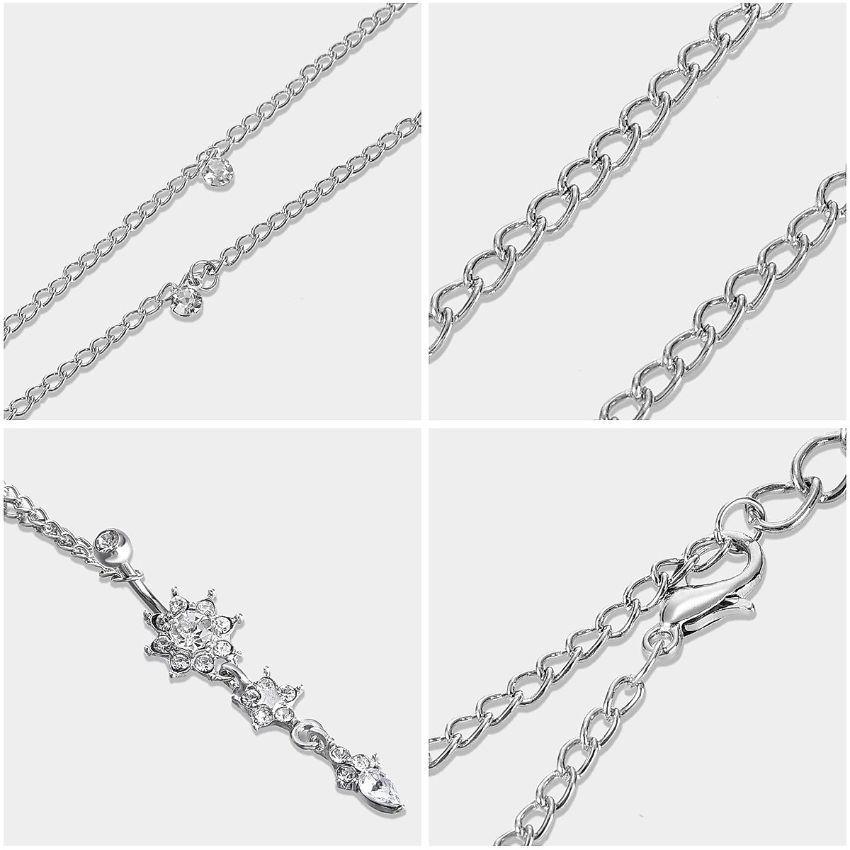 Hicarer 3 Pieces Silver Crystal Belly Ring with Chain Rhinestone Waist Body Chain Bikini Belly Chain Beach Accessories Jewelry for Women Adults(Silver)