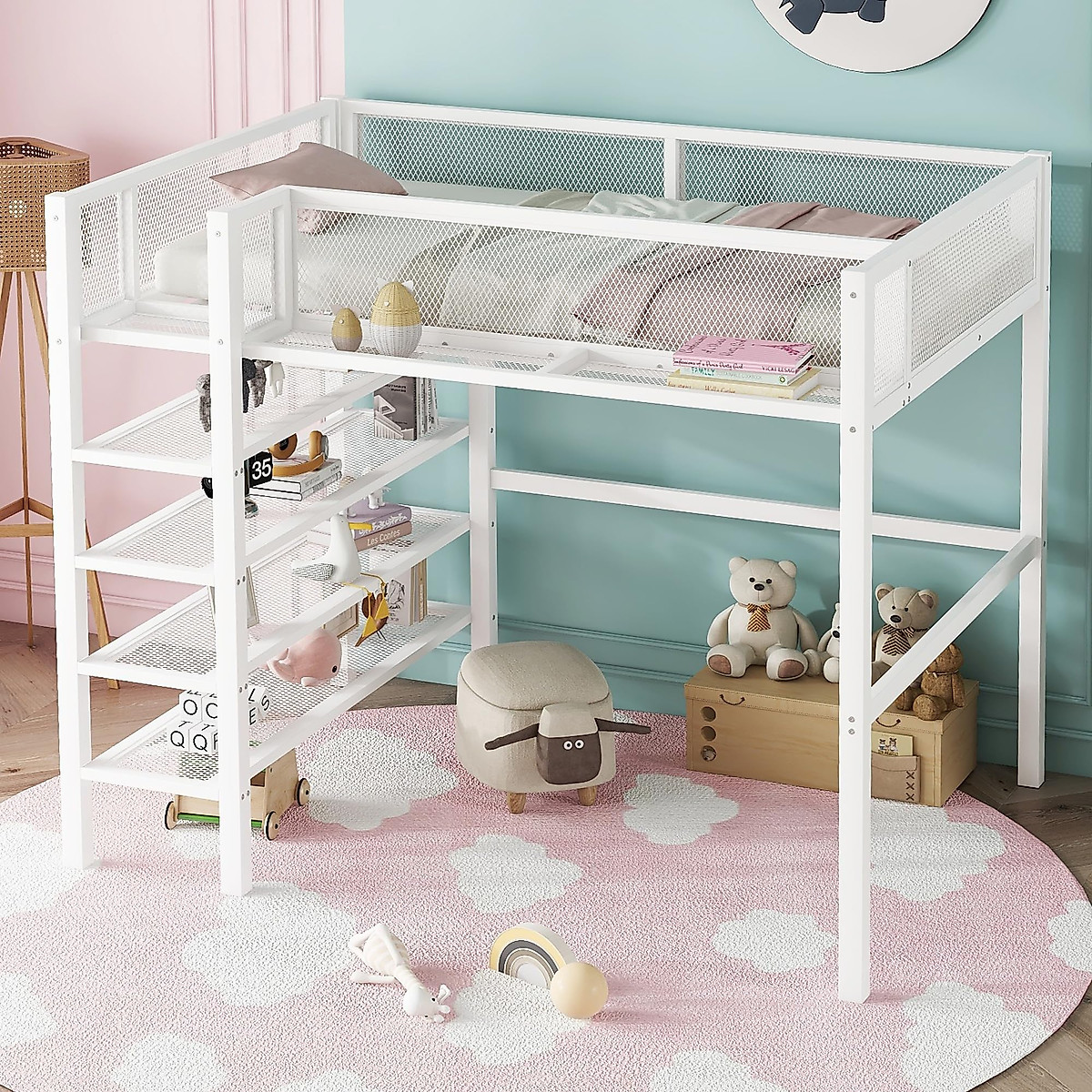 Bellemave Full Size Loft Bed with 4-Tier Shelves and Storage, Metal Loft Bed with Bookshelf, Full Size Loft Bed with Storage Stairs(White)