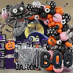 Halloween Balloons Arch Garland Kit 107Pcs, Black Orange Pink White Halloween Balloons BOO Metallic Balloons, Cute Cartoon Bat Balloons Bat Stickers for Birthday Halloween Party Decoration Supplies