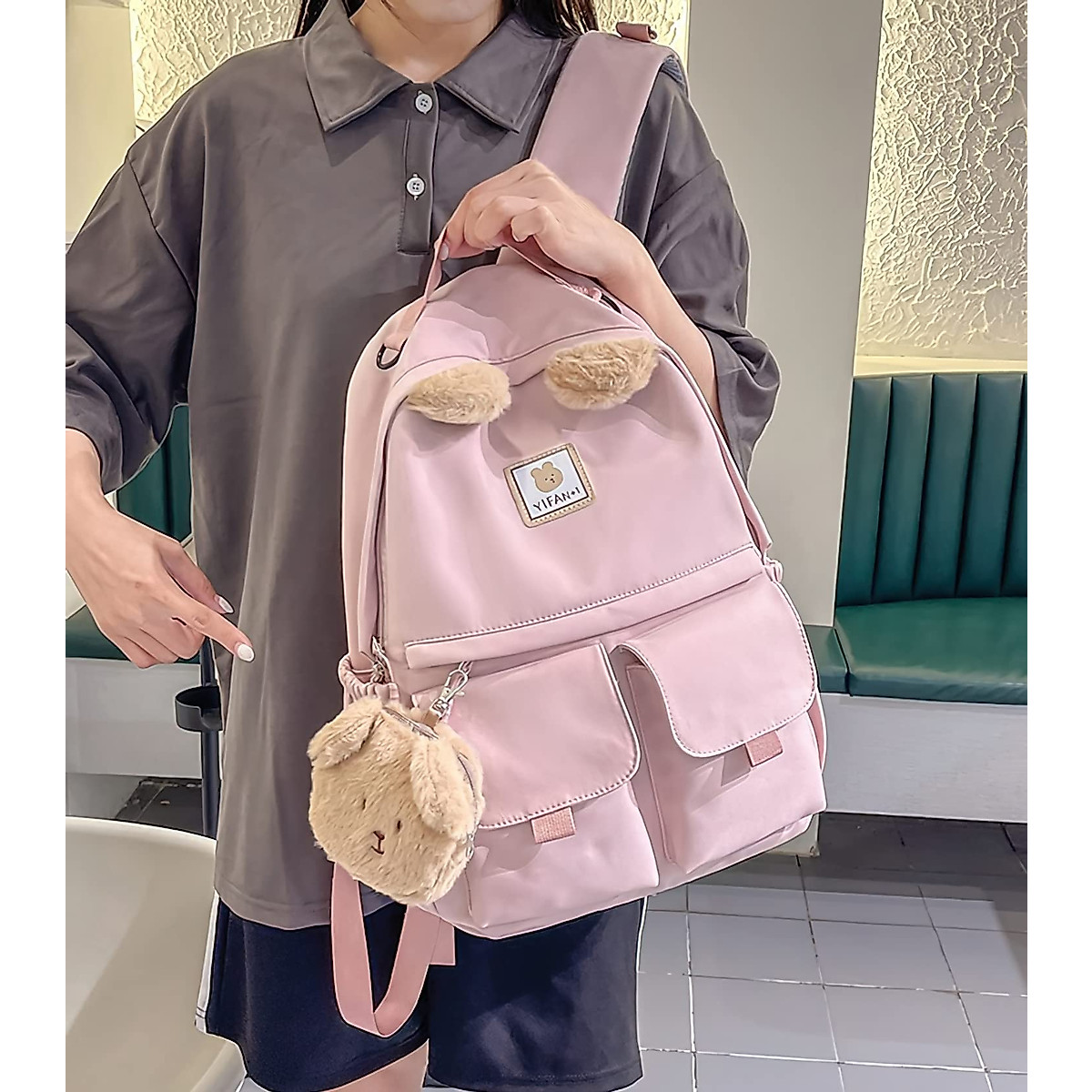 LaurelTree Kawaii Aesthetic Cute Backpack with Accessories 14 In Laptop Rucksack Travel Bag School Students Suppliers Girls (Pink)