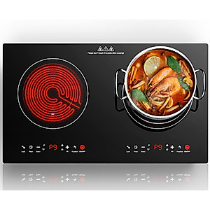 GTKZW Electric Cooktop 24 Inch,Electric Stove 2 Burners 110V Built-in and Countertop 2200W, LED Touch Screen, 9 Heating 9 Temperature, Overheat Protection, Kids Lock & Timer,Suitable for all Pans
