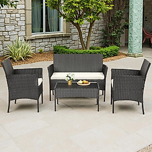 FDW Patio Furniture Set 4 Pieces Outdoor Rattan Chair Wicker Sofa Garden Conversation Bistro Sets for Yard,Pool or Backyard