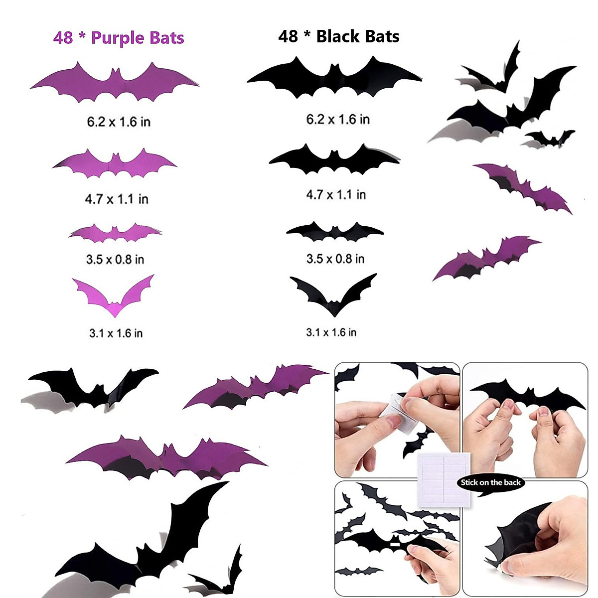 Halloween Background Photo Booth Props, 2 Packs Orange Tinsel Foil Fringe Curtains Backdrop, 3.3 x 6.6 ft Streamer with 96 Pcs Black Purple PVC Bat Stickers Decals for Party Supplies