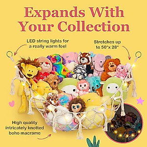 Lilly's Love Stuffed Animal Macrame Hammock w/String Lights | Large Boho Style Rope Net Holder for Kids Toys | Hanging Corner Nursery Storage Organizer for Your Plushie Pets (White)