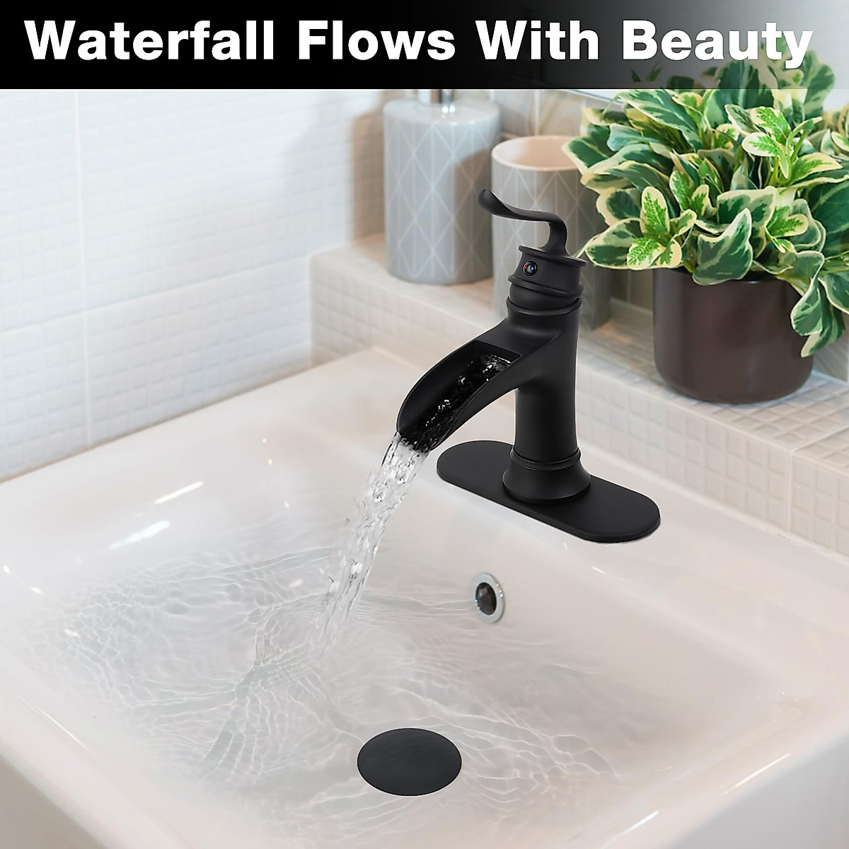 M OUDEMEI Solid Brass Waterfall Spout Bathroom Sink Faucet, Single Handle Lavatory Faucet with Deck Plate for 1 OR 3 Hole, 4 Inch Centerset Vanity Faucet (with Drain, Matte Black)