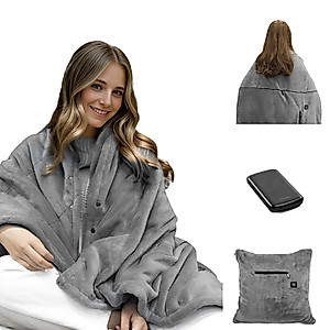 Ourea USB Heated Blanket, 50" x 60" Throw Portable, Soft Milk Velvet Electric Blanket Battery Operated with 3 Heating Levels, with USB Charger and Battery Pack, Machine Washable (Grey)