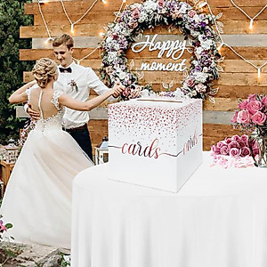 QIKSION Rose Gold Cards Box for Party, White and Rose Gold Gift Card Box Holder Money Box for Birthdays, Bridal Shower, Weddings, Baby Shower, Graduation, Anniversaries