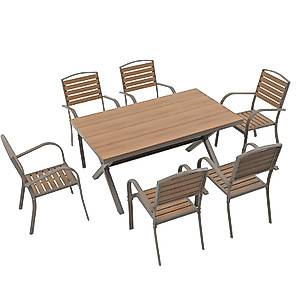 SUNSITT 7 Piece Outdoor Dining Set for 6, Aluminum Patio Dining Furniture Set with 59” Rectangle Dining Table & 6 Stackable Patio Chairs, Outdoor Table and Chairs w/Faux Wood Grain, Teak Wood Color