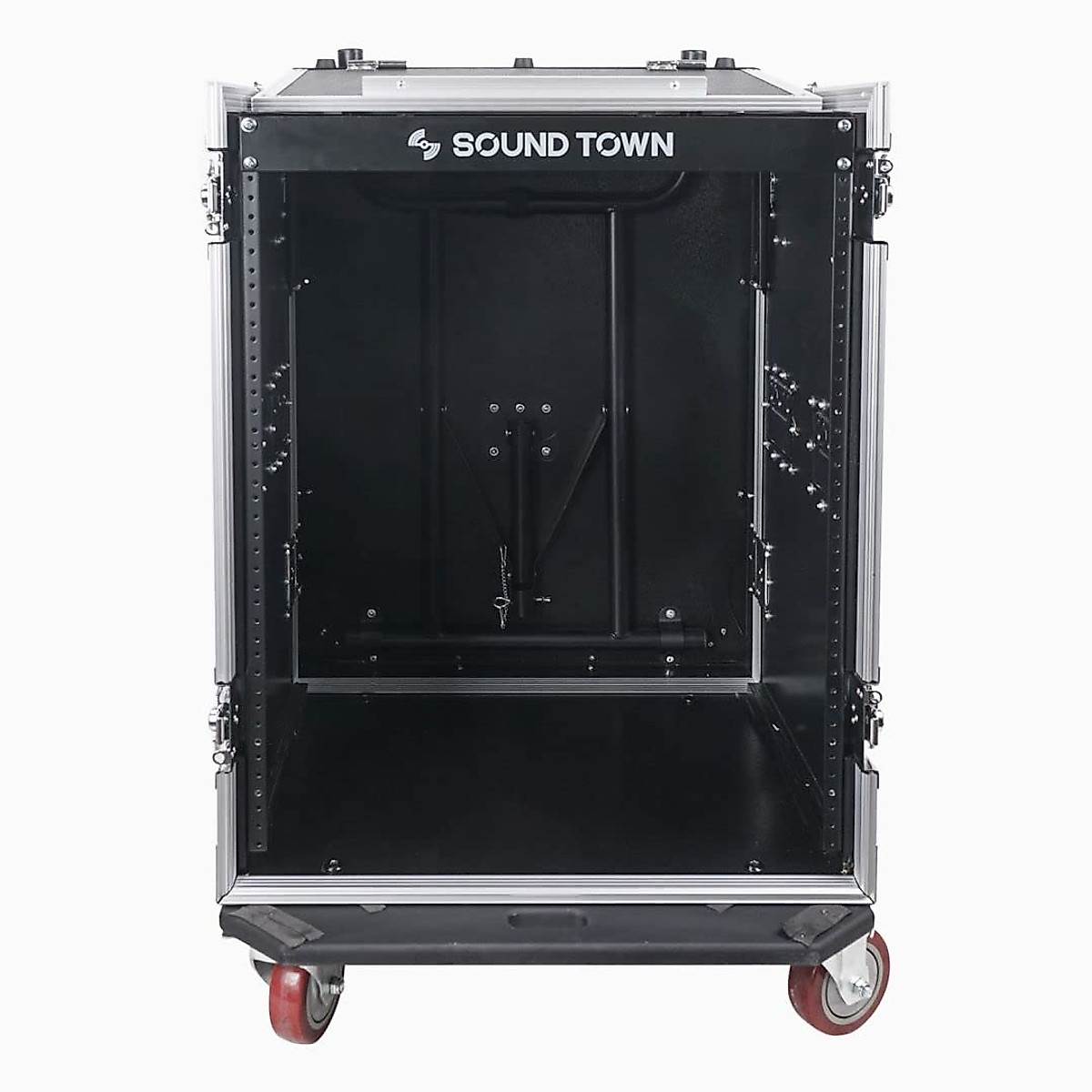 Sound Town 14U PA DJ Rack/Road ATA Case with 11U Slant Mixer Top, 20’’ Rackable Depth, DJ Work Table and Casters, 14 Space Size, Pro Tour Grade (STMR-14UWT)