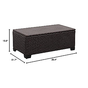 Outdoor Storage Table Wicker Patio Coffee Table All-Weather Rattan Side Table with Waterproof Cover, Brown