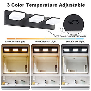 3 Colors Dimmable Black Bathroom Light Fixtures over Mirror LED Vanity Lights for Bathroom Acrylic Stainless Steel 3 Light Bathroom Vanity Light Fixtures, Adjustable 3000K/4000K/6000K, 360° Rotate