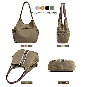Worldlyda Women Canvas Hobo Purse Multi Pocket Tote Shopper Shoulder Bag Casual Top Handle handbag with Embroidery Ethnic Yellow