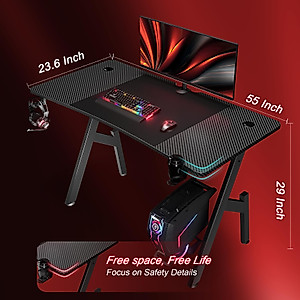HLDIRECT 55 Inch Gaming Desk with Carbon Fibre Surface Large Computer Desk Gaming Table Ergonomic Pc Gaming Workstation Home Office Desks with Cup Holder & Headphone Hook