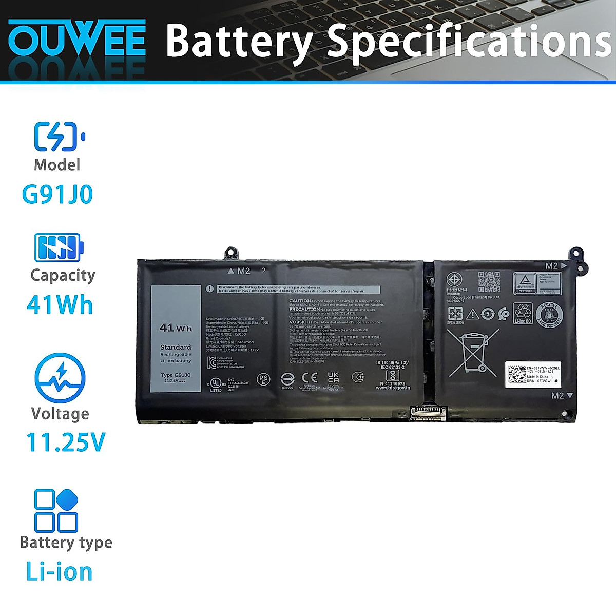OUWEE 41Wh G91J0 Battery Replacement for Dell Latitude 3320 3330 3420 3520 Inspiron 3510 3511 3515 3525 3530 5310 5410 5418 5510 5515 5518 14 Plus 7420 7415 2-in-1 Vostro 5620 5625 V6W33 TN70C 11.25V