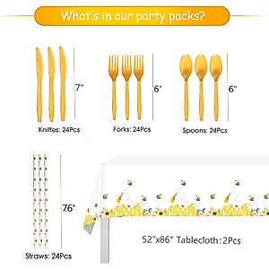 PYCALOW Bee Tableware Party Decorations - Bumble Bee Themed Party Supplies Include Plates, Cup, Napkin, Cutlery, Tablecloth, Straws, Bee Gender Reveal Baby Shower Birthday Party Decorations | Serve 24
