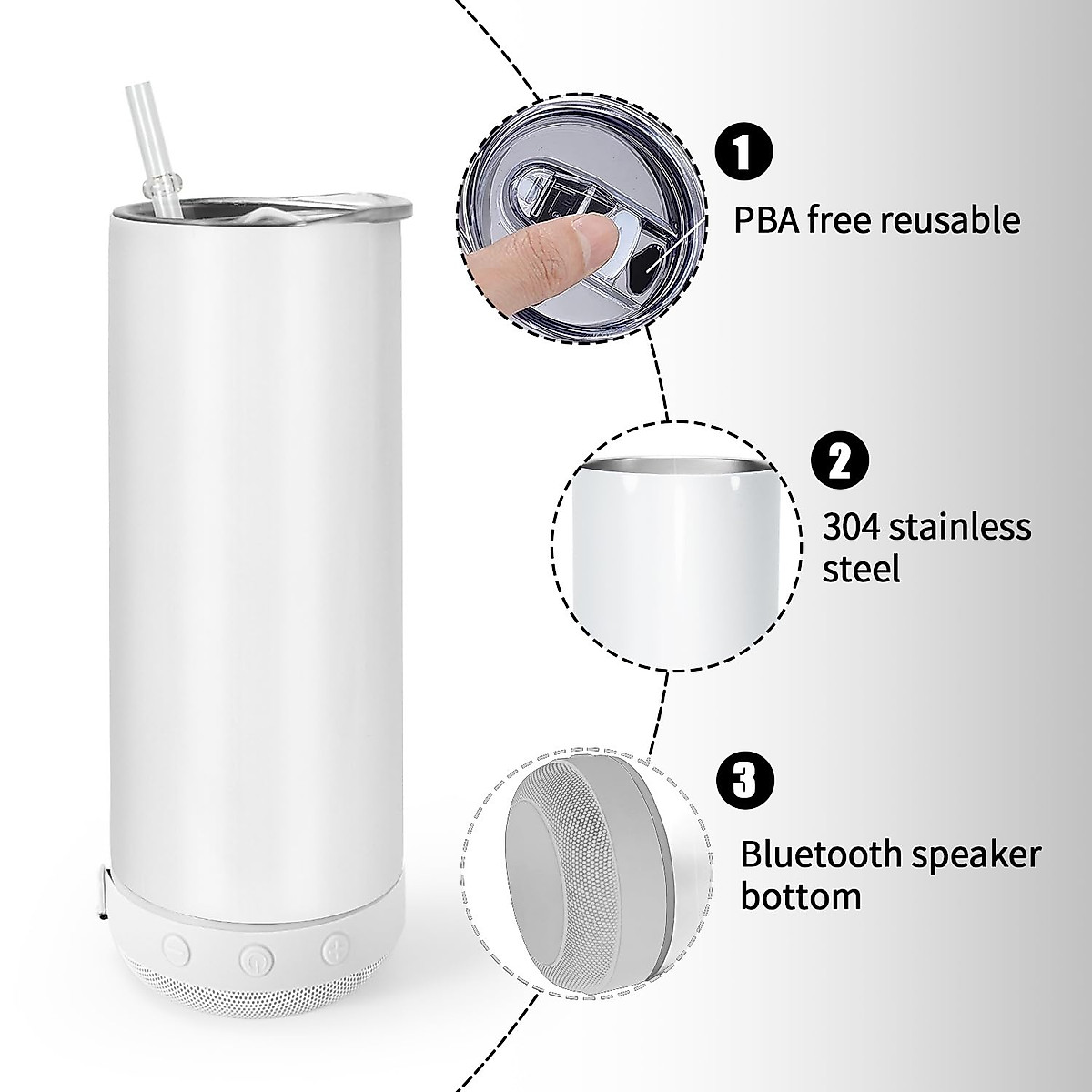 AGH 6 Pack Music Speaker Tumbler with Straw and Lid, 20oz Sublimation Skinny Stainless Steel Double Wall Tumbler, Speaker Tumbler Cup with Detachable LED Light, Suitable for DIY Gifts (Multicolor)