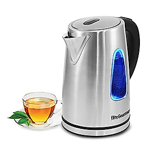 Elite Gourmet EKT-1271# Ultimate 1.7 Liter Electric Kettle – Stainless Steel Design & Cordless 360° Base, Stylish Blue LED Interior, Handy Auto Shut-Off Function – Quickly Boil Water For Tea & More