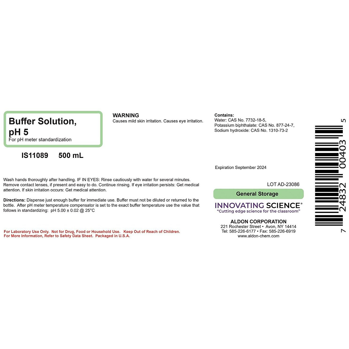 ALDON Innovating Science 5 pH Standard Buffer Solution, 500mL - The Curated Chemical Collection