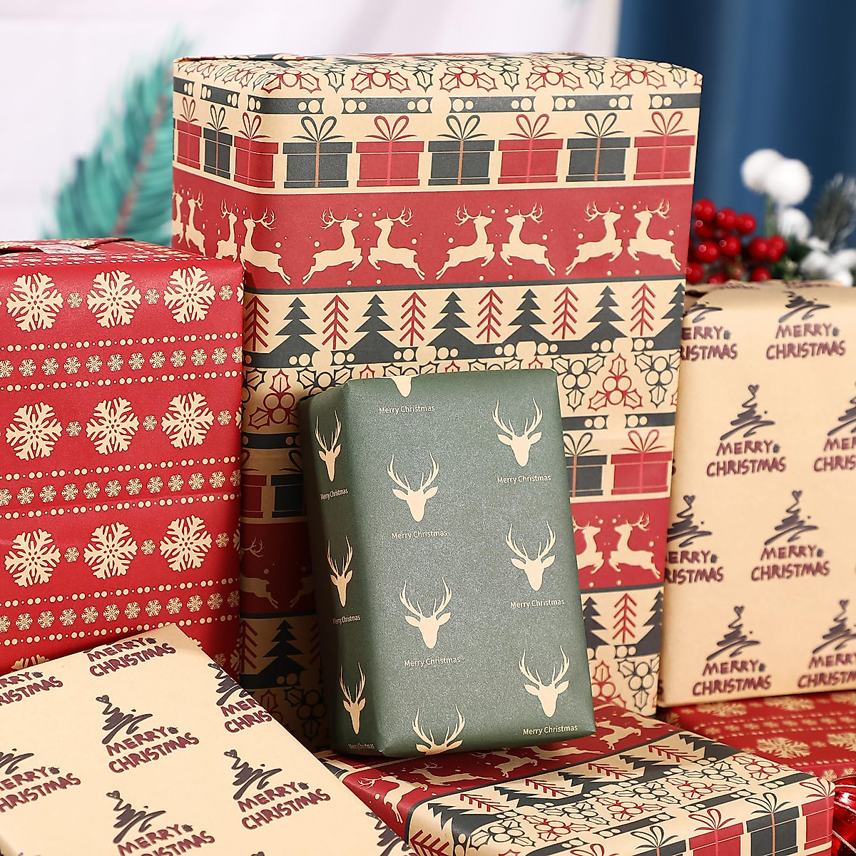 PlandRichW Christmas Wrapping Paper 12 Sheets of Folded Brown Kraft Paper with Red and Green, Greetings, Snowflakes, Reindeer, Christmas Tree Elements Series, 20 X 29 Inches Each