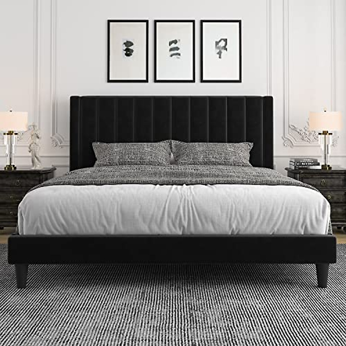 Allewie King Bed Frame/Velvet Upholstered Bed Frame with Vertical Channel Tufted Headboard/Strong Wooden Slats/Platform Bed Frame/Mattress Foundation/Box Spring Optional/Easy Assembly/Black
