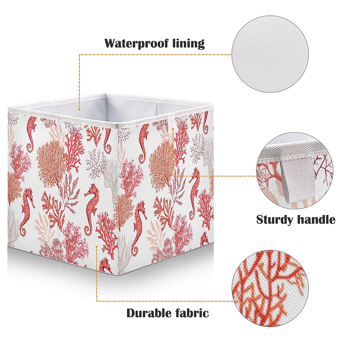 Kigai Coral Seahorse Storage Bins Rectangular Foldable Storage Baskets Bin Waterproof Home Organizer with Handles Basket for Toy Nursery Blanket Clothes, 15.8x10.6x7 Inch