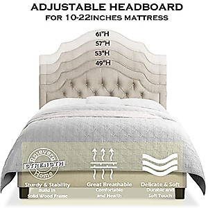 Rosevera Jardin Button Tufted Platform Bed Frame/Fabric Upholstered Bed Frame with Adjustable Headboard/Wood Slat Support,King, Beige