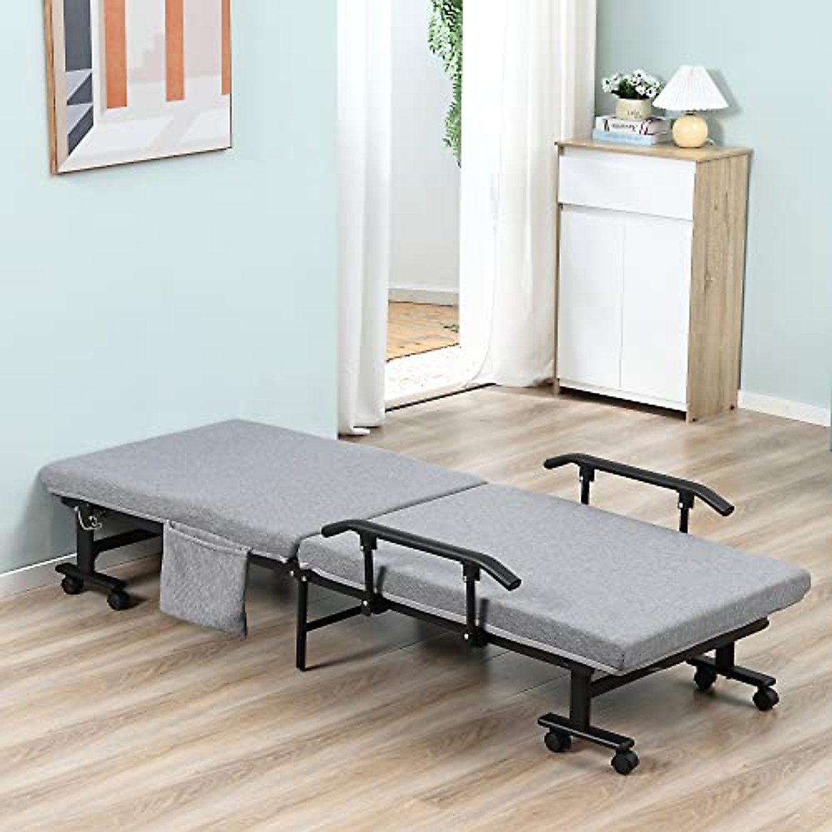 HOMCOM Rollaway Bed, Folding Bed with 3.25" Mattress, Portable Foldable Guest Bed with Adjustable Backrest, and Metal Frame on Wheels, Light Grey