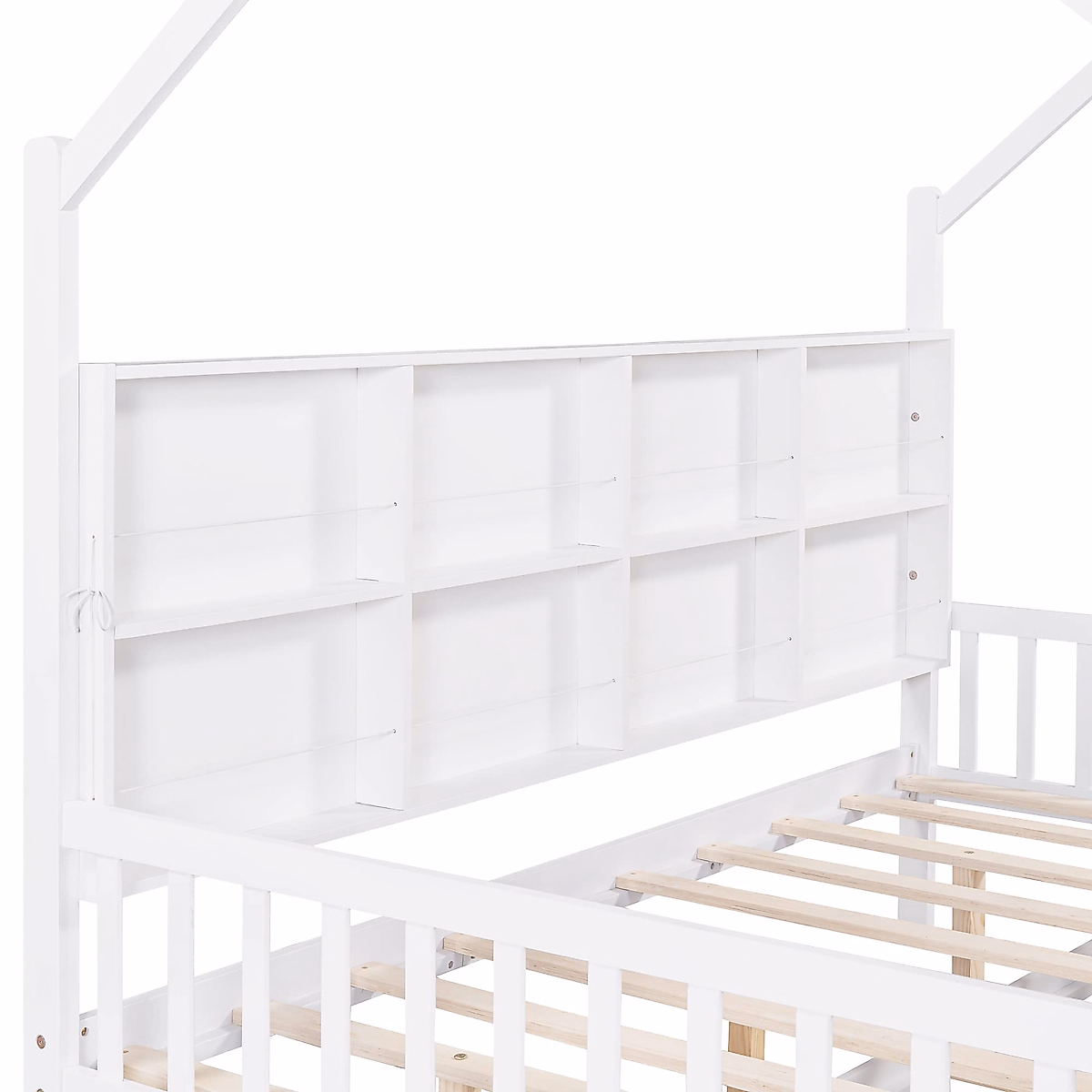 Full Size House Bed with Trundle and Storage Shelves, Montessori Bed, Full Platform Bed Frame with Roof, Tent Bed, Solid Wood Playhouse Bed for Kids Teens Girls Boys (Full, White)