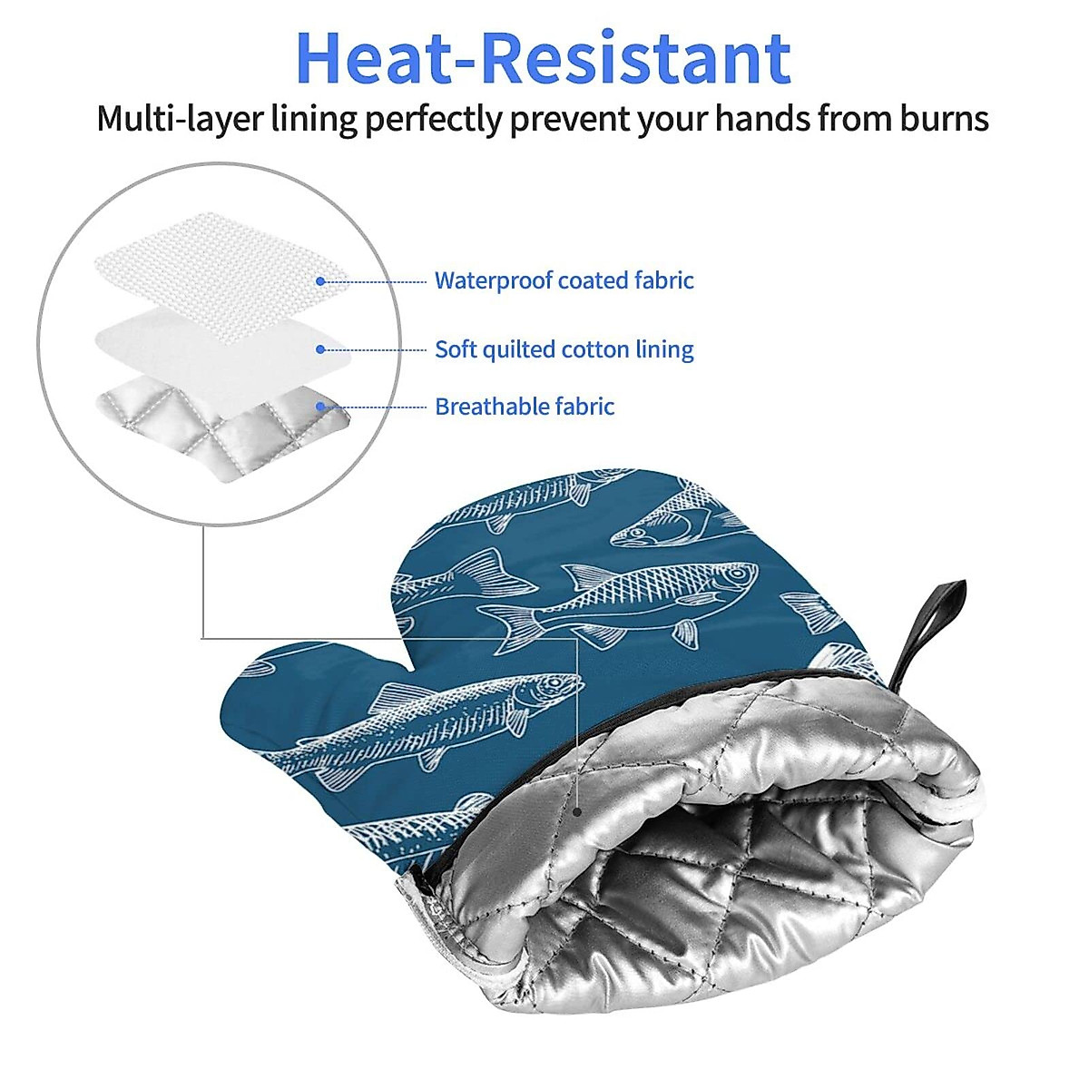 Ocean Fishes Print Oven Mitts Sets,Kitchen Oven Glove High Heat Resistant 500 Degree Oven Mitts and Pot Holder,Surface Safe for Baking, Cooking, BBQ,Pack of 2