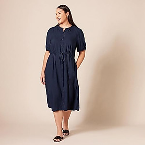 Amazon Essentials Women's Relaxed Fit Half-Sleeve Waisted Midi A-Line Dress, Navy, Large