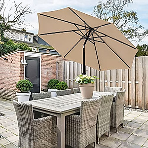 Simple Deluxe 9' Solar Umbrella 32 LED Lighted Patio Umbrella Table Market Umbrella with Push Button Tilt/Crank Outdoor Umbrella for Garden, Deck, Backyard and Pool, Tan