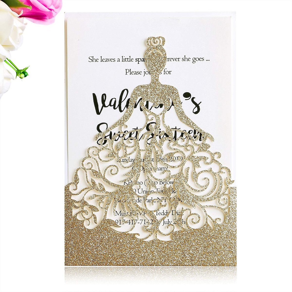 ponatia 25PCS Crown Gold Glitter Quinceanera Invitations, Laser Cut Invitations Cards With Envelopes, Printable Inner Sheets For Birthday, Baby Shower, Quinceañera Party Invite, XV Años, Quince