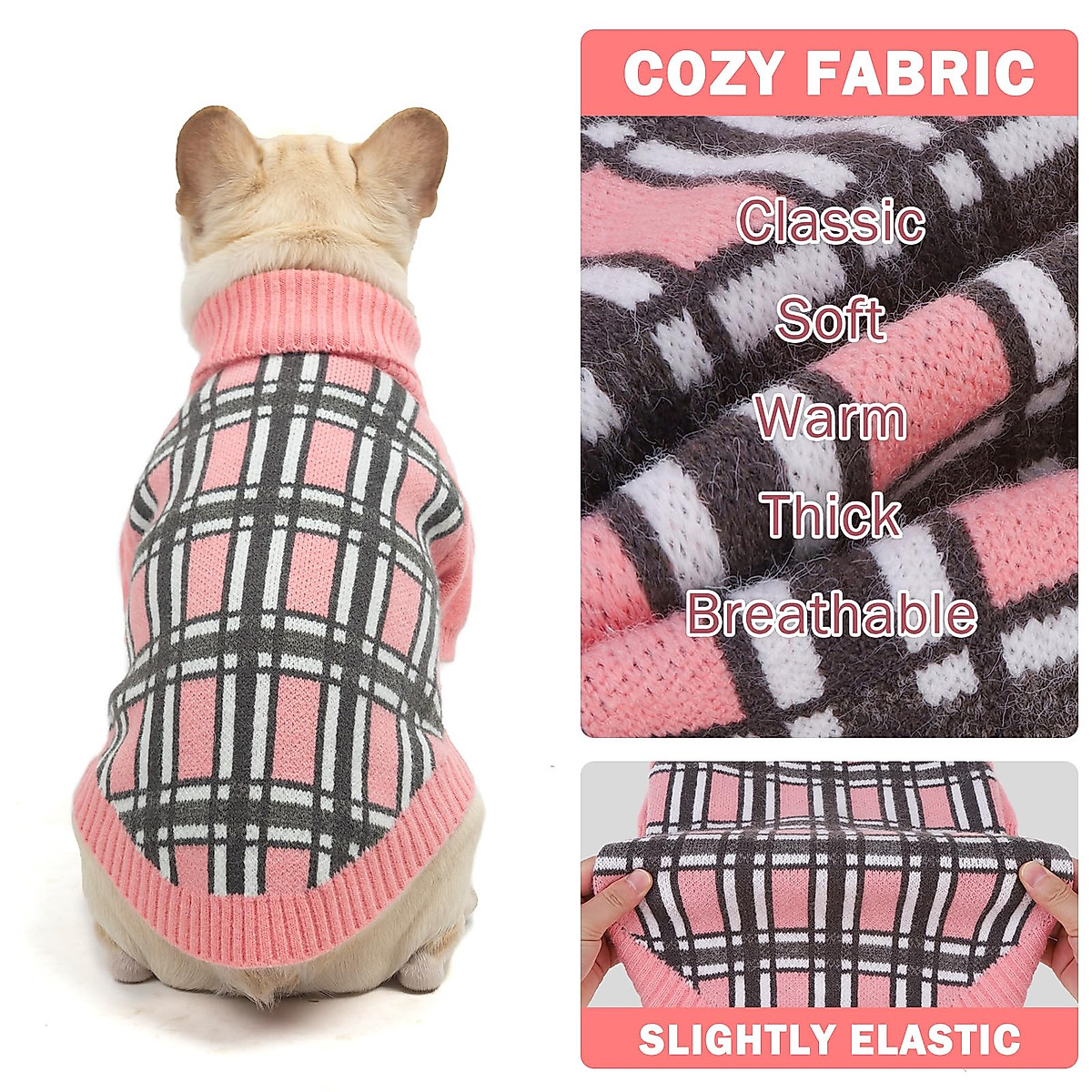 SCENEREAL Small Dog Pullover Sweater, Cold Weather Cable Knitwear, Classic Plaid Turtleneck Thick Warm Dog Clothes for Chihuahua, Bulldog, Dachshund, Pug, S Medium Dogs