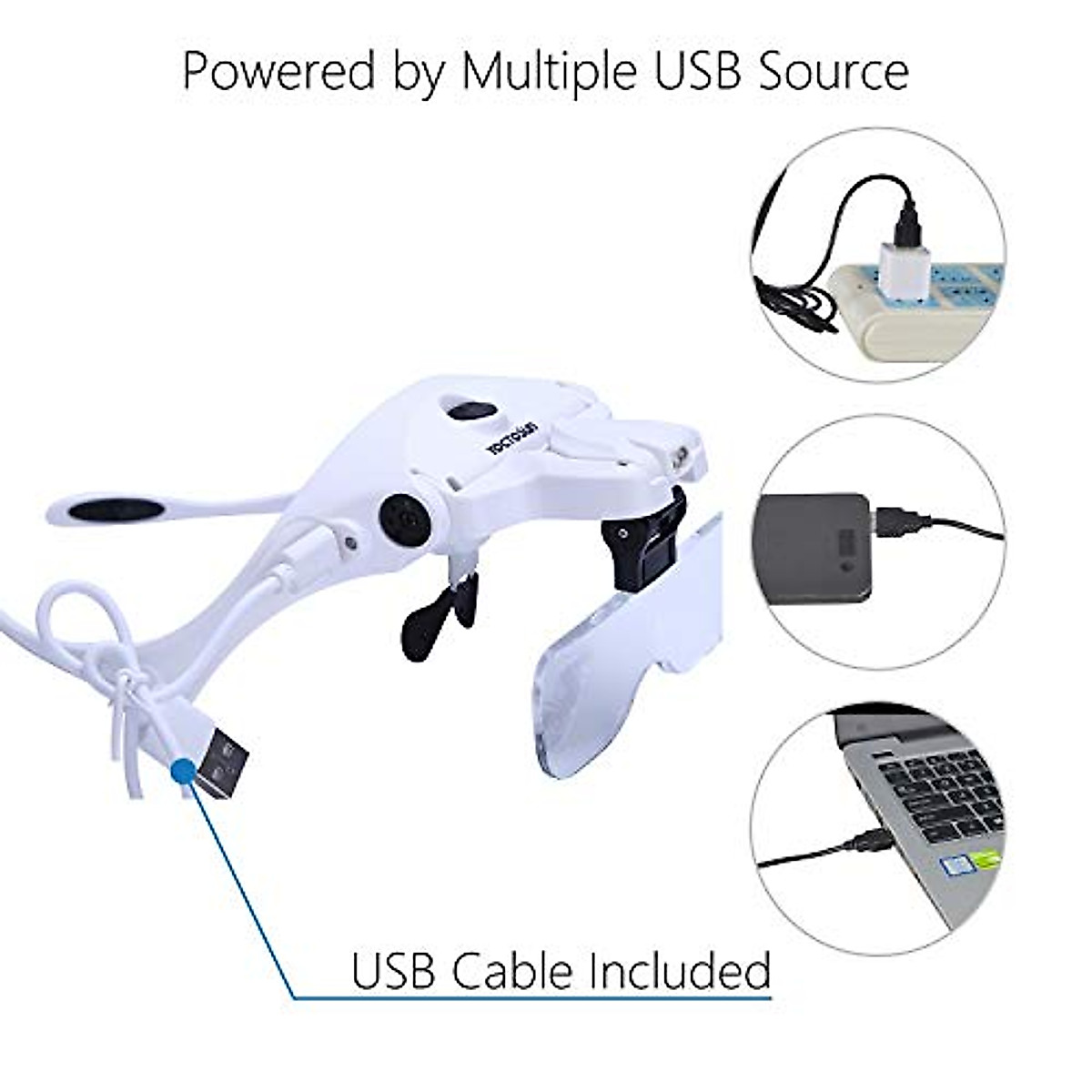 YOCTOSUN LED Head Magnifier, Rechargeable Hands Free Headband Magnifying Glasses with 2 Led, Professional Jeweler's Loupe Light Bracket and Headband are Interchangeable
