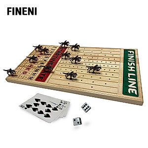 FINENI Horse Racing Board Game with Luxurious Durable Metal Horses, 11 Pieces, Black, Real Pine Wood Horseracing Game Board, Dice and Cards