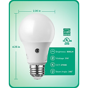 EDISHINE Dusk to Dawn Light Bulbs Outdoor, A19 LED Light Bulb 2700K Warm White, 9W Equivalent 60W, Automatic On/Off, Dual External Sensor, 800LM Bright Light Bulb, E26 Base, 4 Pack, UL Listed