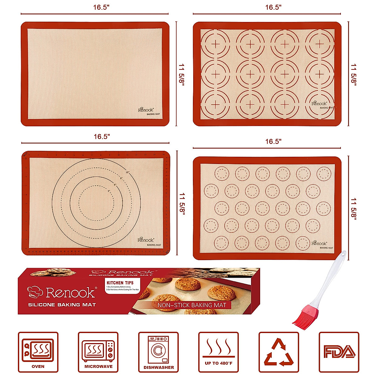 RENOOK silicone baking mats set of 4 half sheets mats +1 oil brush