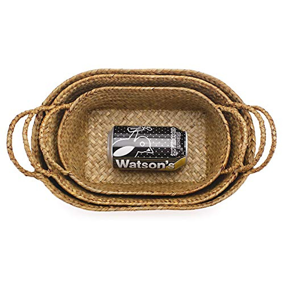 Seagrass Woven Baskets for Storage Natural Shelf Basket with Handle for Organizer Stackable Oval Set of 3 (Large+Medium+Small)