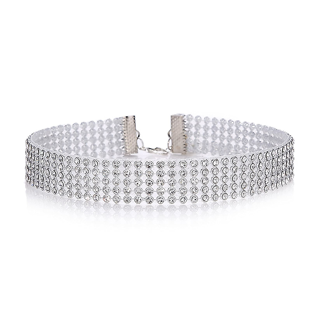 Faruodis Rhinestone Choker Necklace Wide Crystal Choker Necklace 5Row-8Row Diamond Collar Jewelry Silver Plated for Women (5 Row)
