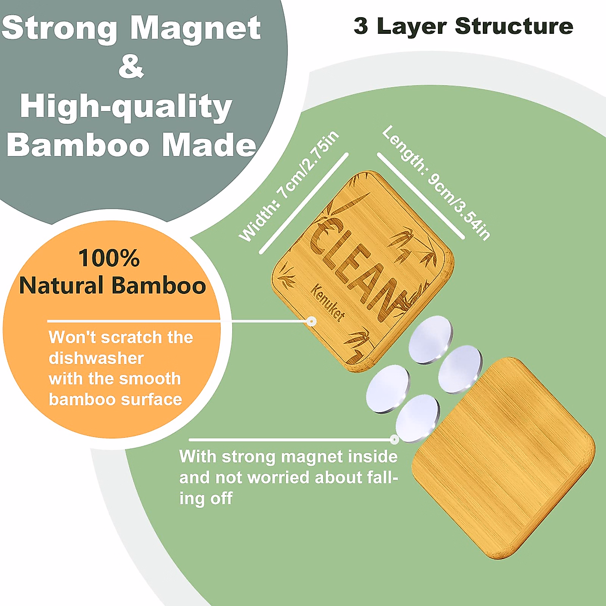 Dishwasher Magnet Clean Dirty Sign, Bamboo Indicator for Magnetic & Non-Magnetic Dishwashers, Non-Scratch Easy to Read Reversible Dishwasher Magnet Clean Dirty Sign with Optional Adhesive Metal Plate