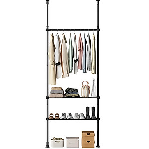 DYN Ptah Floor to Ceiling Adjustble Garment Rack, Heavy Duty Clothes Rack with 2 Shelves, Free Standing Clothing Hanger Tension Rod Cloth Storage Rack Black
