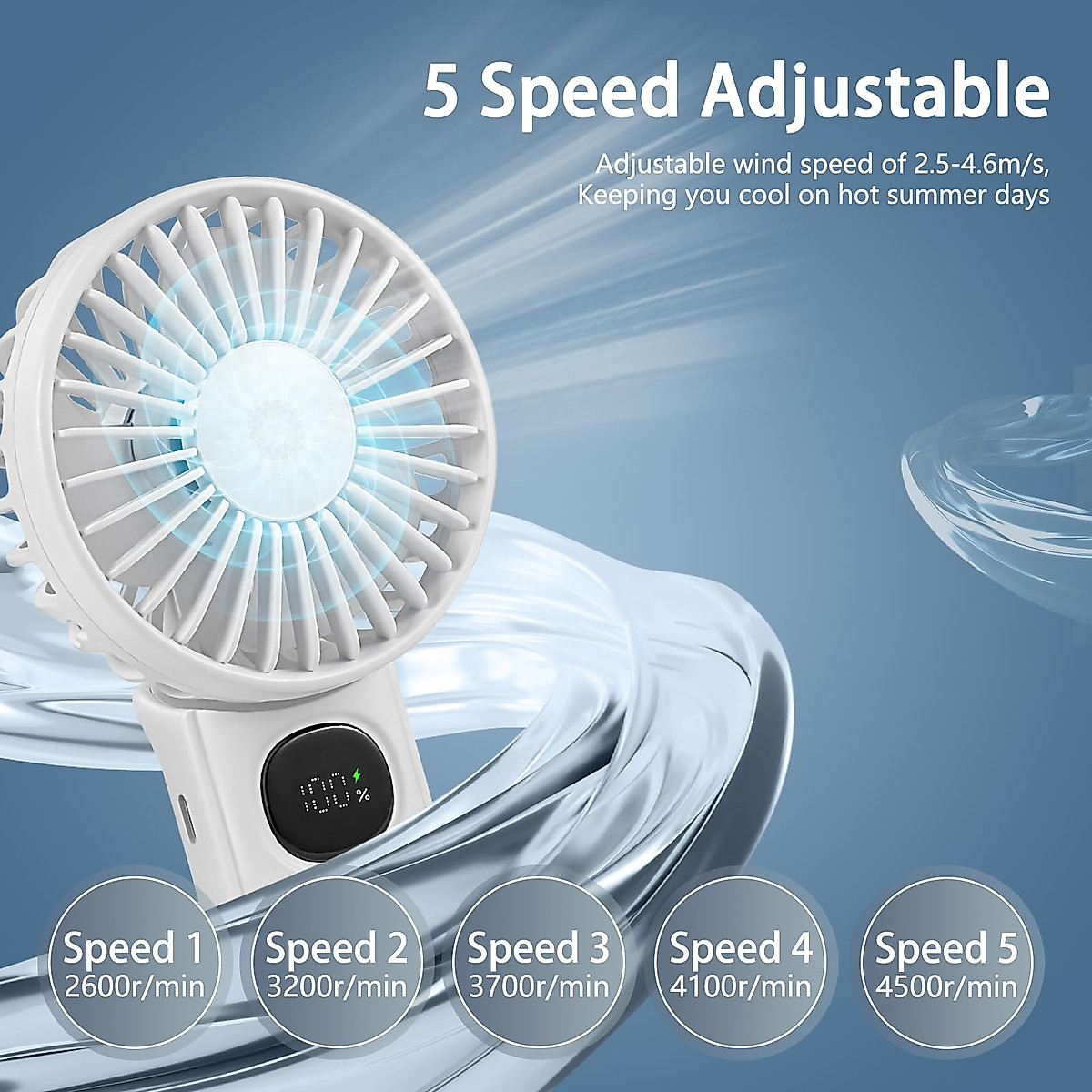 [2-packs Portable Handheld Fan] Personal Hand Held Fan for Travel, Foldable Eyelash Neck Fan with Digital Display, Lanyard, 5 Speeds, 180° Adjustable, 3-12h Working Time, Rechargeable Battery Operated