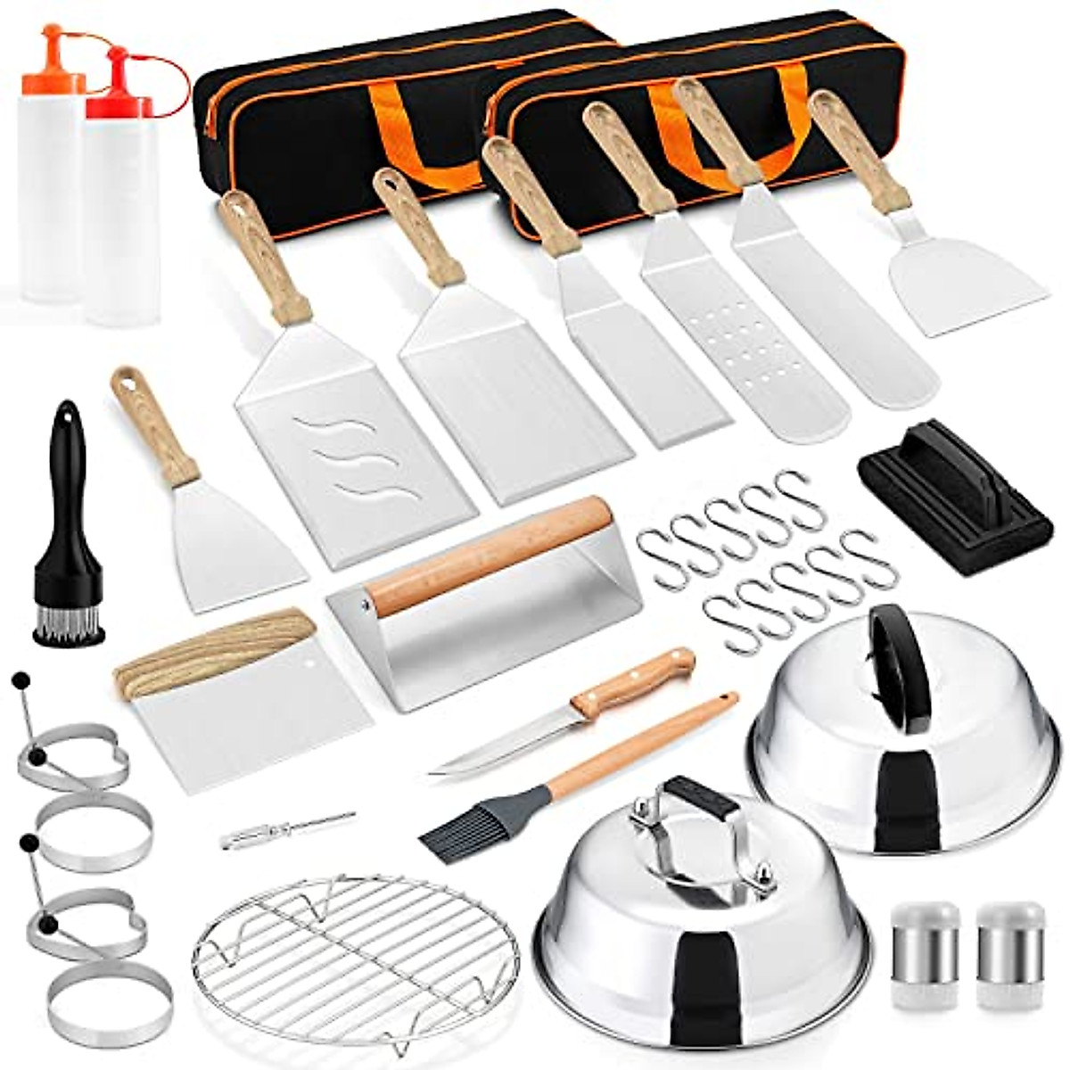 27Pcs Griddle Accessories Kit, Leonyo Stainless Steel Flat Top Grill Accessories Set, Outdoor BBQ Heavy Duty Metal Spatulas with 9" Melting Domes, Burger Press, Meat Tenderizer, Cooling Rack