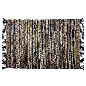 COTTON CRAFT Leather Chindi Area Rug - Boho Farmhouse Rustic Accent Rug - Handwoven Reversible Natural Recycled Leather Throw Rug - Entryway Living Room Dorm Study Gift - 24 x 36 Inch - Tan Multicolor
