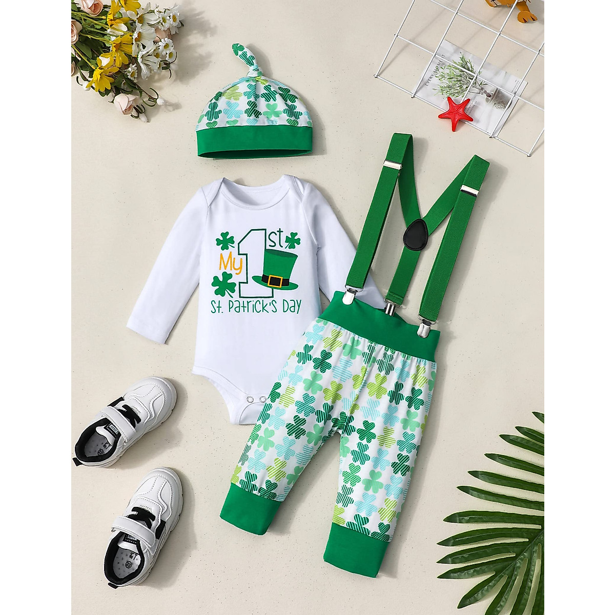 AGAPENG St Patricks Day Baby Boy Outfit Baby St Patricks Day Outfit Boy 0-3 Months My First St Patricks Day Baby Boy Outfit Long Sleeve Romper Shamrocks Suspenders Pants Hat